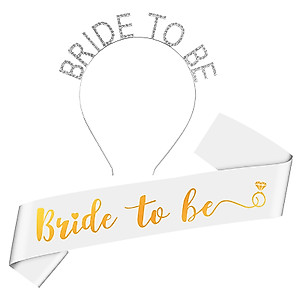 2 PCS Bride to Be Sash, Bride Headband for Wedding, Rhinestone Bridal Tiara & White Gold Bride Sash Bachelorette Party Accessories for Bridal Shower, Engagement, Wedding