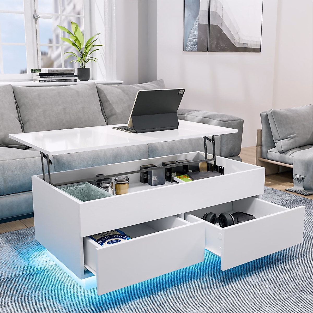 HOMMPA Lift Top Coffee Table with Hidden Storage LED Coffee table Morden High Gloss White Living Room 3 Tiers Tea Table with Storage Center Tables Hidden Compartment & 2 Drawers