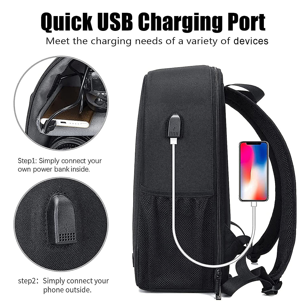 Cwatcun Camera Backpack with USB,Rain Cover,fit 15.6" Laptop,Anti-Theft Rear Open Camera Bag,Waterproof Camera Case with Tripod Straps for Canon Nikon Sony DSLR SLR Photography Bag Unisex(III-L-Black)