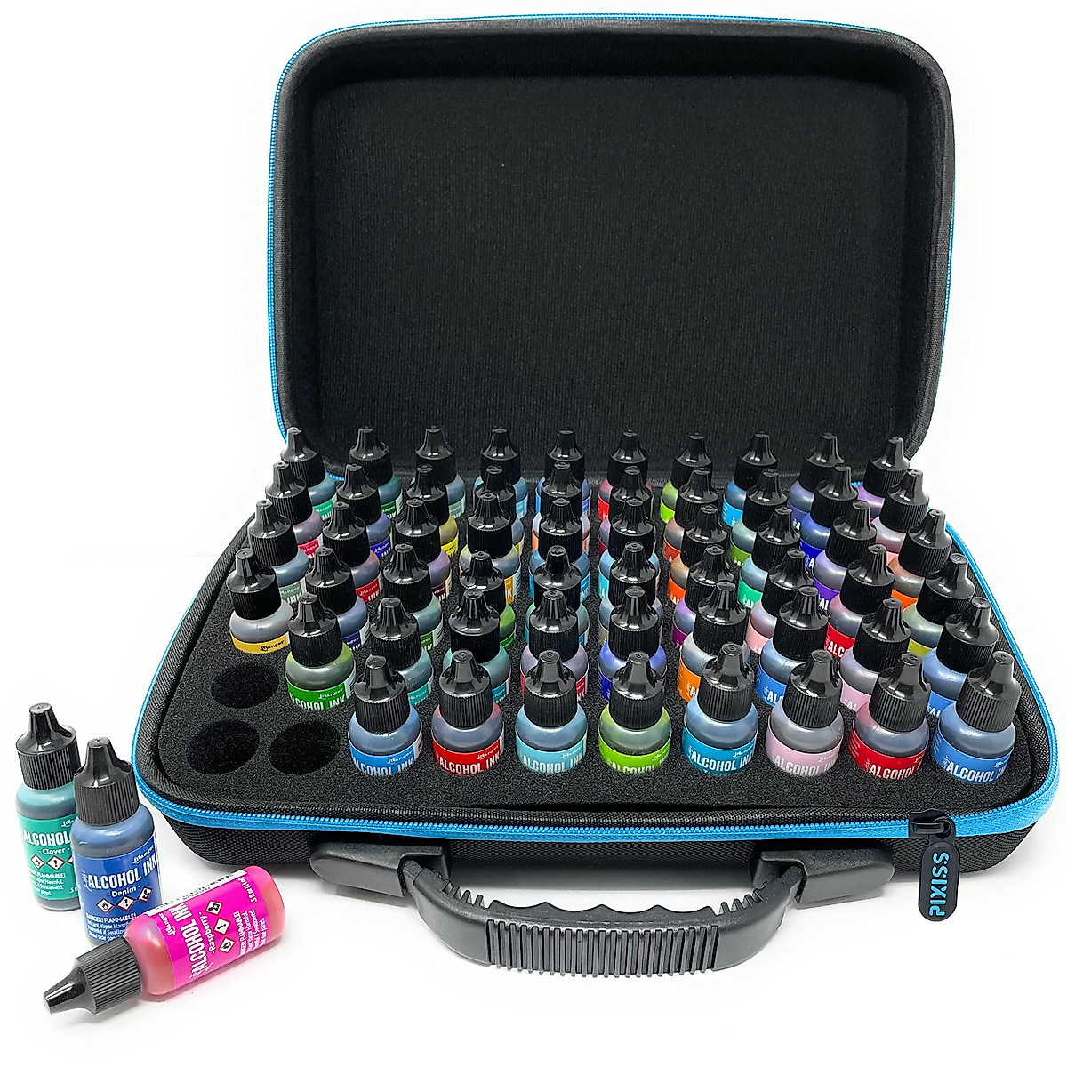 Alcohol Ink Storage Carrying Case Organizer by Pixiss, Large Size Stores 60x 0.5-Ounce Bottles of Alcohol Ink, Stickles, Glossy Accents or Reinkers, Travel Case (Ink not Included)