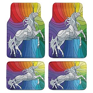 Ambesonne Unicorn Car Mat Set of 4, Stained Glass Themed Mosaic Graphic of Magic Horse on Rainbow Colors Tile Art, Front & Back Seat Floor Mat Durable PVC Backing Car Accesory, Red Purple