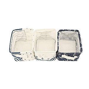 Orino Waterproof Nursery Nautical Fabric Small Storage Baskets Beach Anchor Theme Collapsible Portable Storage Bins with Handle for Cloth, Toys, Books, Sundries, Set of 3