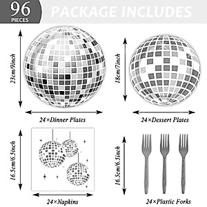 96 Pieces Disco Plates and Napkins Disco Ball Plates Disco Birthday Party Paper Plates 70s Tableware Set Birthday Party Supplies Silver Napkins Hip Hop Baby Shower Party Decorations for 24 Guests