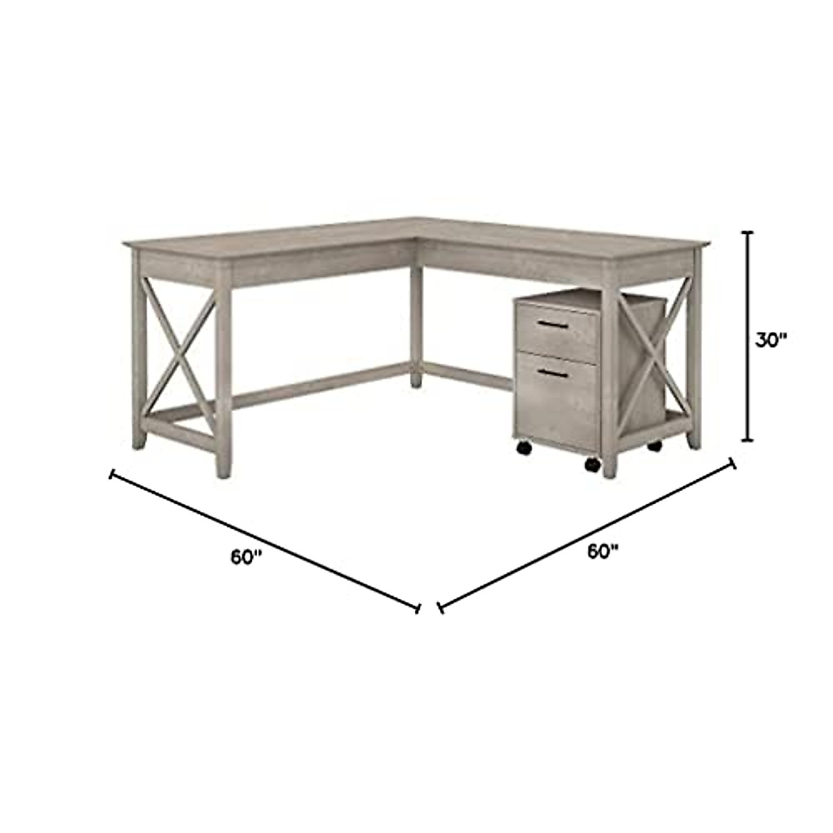 Bush Furniture Key West 60W L Shaped Desk with Mobile File Cabinet in Washed Gray
