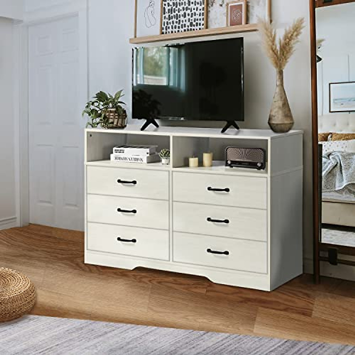 Catrimown White 6 Drawer Dresser for Bedroom Mid Century Modern Dresser Chest of Drawer for Bedroom White Dresser with Shelves Wood Wide Double Dresser for Bedroom Living Room, Wash White