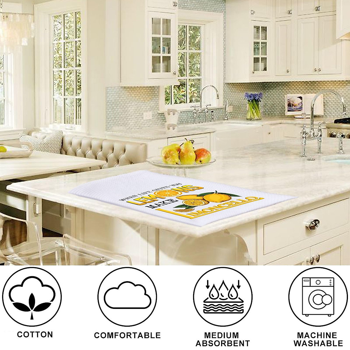 LEVLO Funny Lemon Kitchen Towel Lemon Lover Gift When Life Gives You Lemons Tea Towels Housewarming Gift Waffle Weave Kitchen Decor Dish Towels with Sayings (Gives You Lemons)