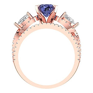 Clara Pucci 1.95 carat Round Shape 3 stone Simulated Tanzanite Wedding Anniversary Bridal Engagement Ring Band set 14k Rose Gold 6.25