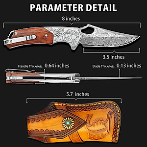 NedFoss Damascus Pocket Knives for Men, Handmade Forged VG10 Damascus Steel Folding Knife with Leather Sheath, Sandalwood Handle, Pocket Clip, Cool Knives Gifts for Men EDC (PTEROSAUR)