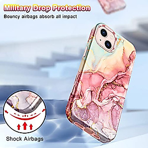 CASEFIV Compatible with iPhone 13 Case, Marble Pattern 3 in 1 Heavy Duty Shockproof Full Body Rugged Hard PC+Soft Silicone Drop Protective Girls Women Cover for iPhone 13 6.1 inch 2021, Rose Gold