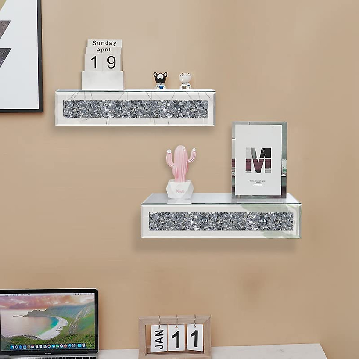 TACIDON Floating Wall Shelf Mirrored .Glamorous Crushed Diamond Crystals Wall Rack.Glass Display Ledge of Trophy and Photo Frame. Suitable for Living Room,Bathroom,Bedroom.(15”x6”x3”)