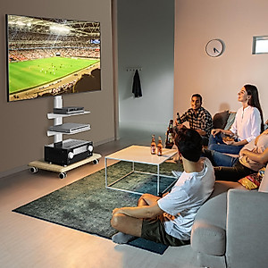 Rolling Floor TV Stand with Swivel Mount for 40-75 Inch Flat Screen/Curved TVs, 3-Shelf Heavy Duty Portable Mobile TV Cart with Wheels, Universal Tall TV Mount Trolley for Home and Office, White