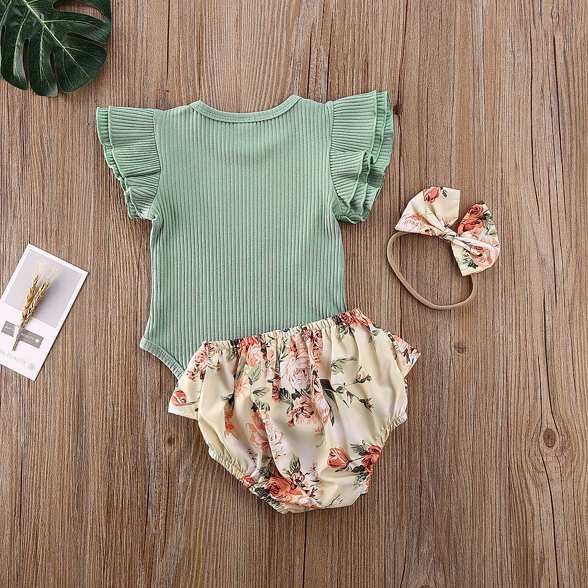 CIYCUIT 3Pcs Newborn Baby Girl Summer Clothes Ruffle Romper Bodysuit + Shorts + Headband Outfits Green 3-6 Months
