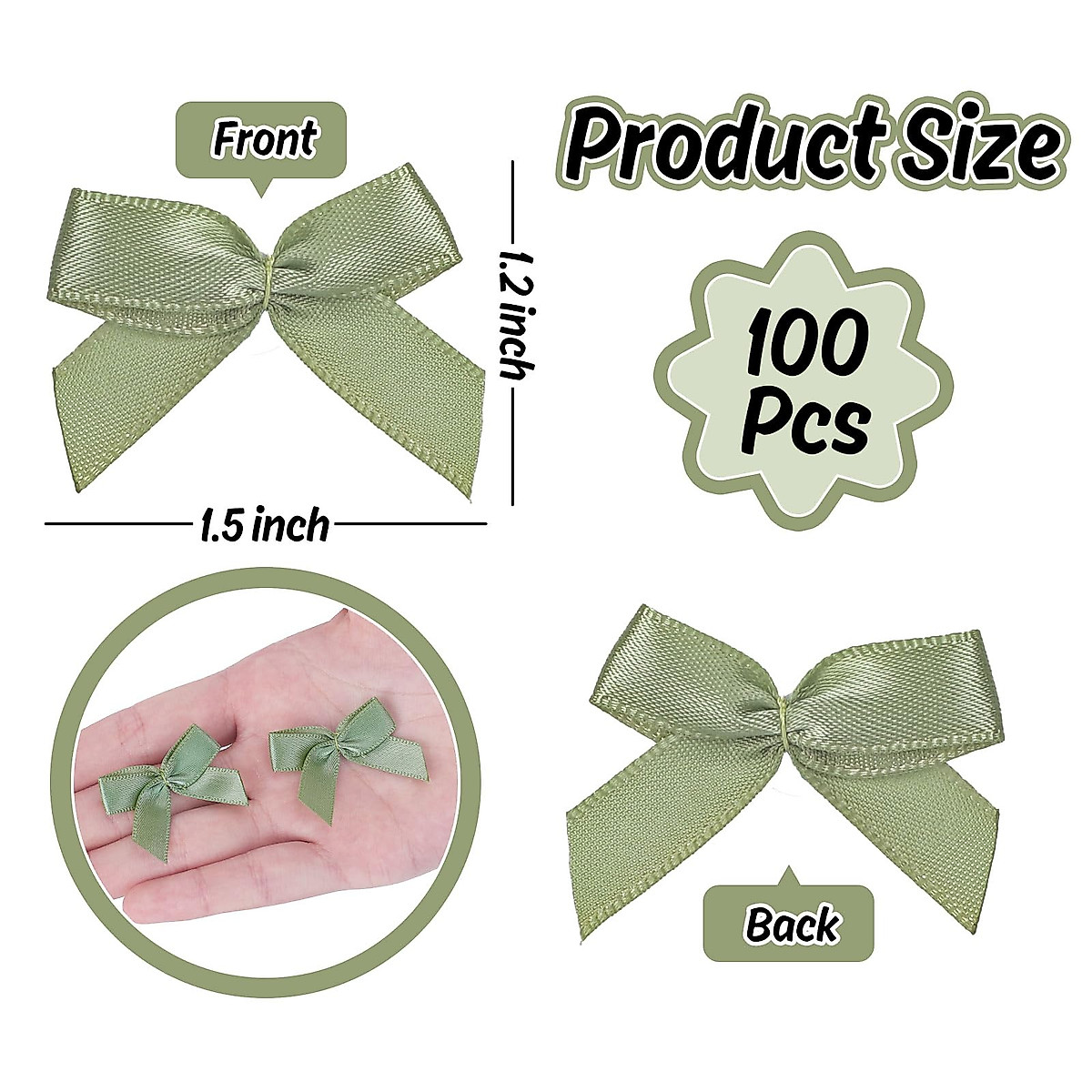 JarThenaAMCS 100Pcs Sage Green Satin Ribbon Bows No Twist Tie Bow 1.5 Inch Green Gift Wrapping Premade Mini Crafts Bows for Wedding Baby Shower Easter Birthday Decor