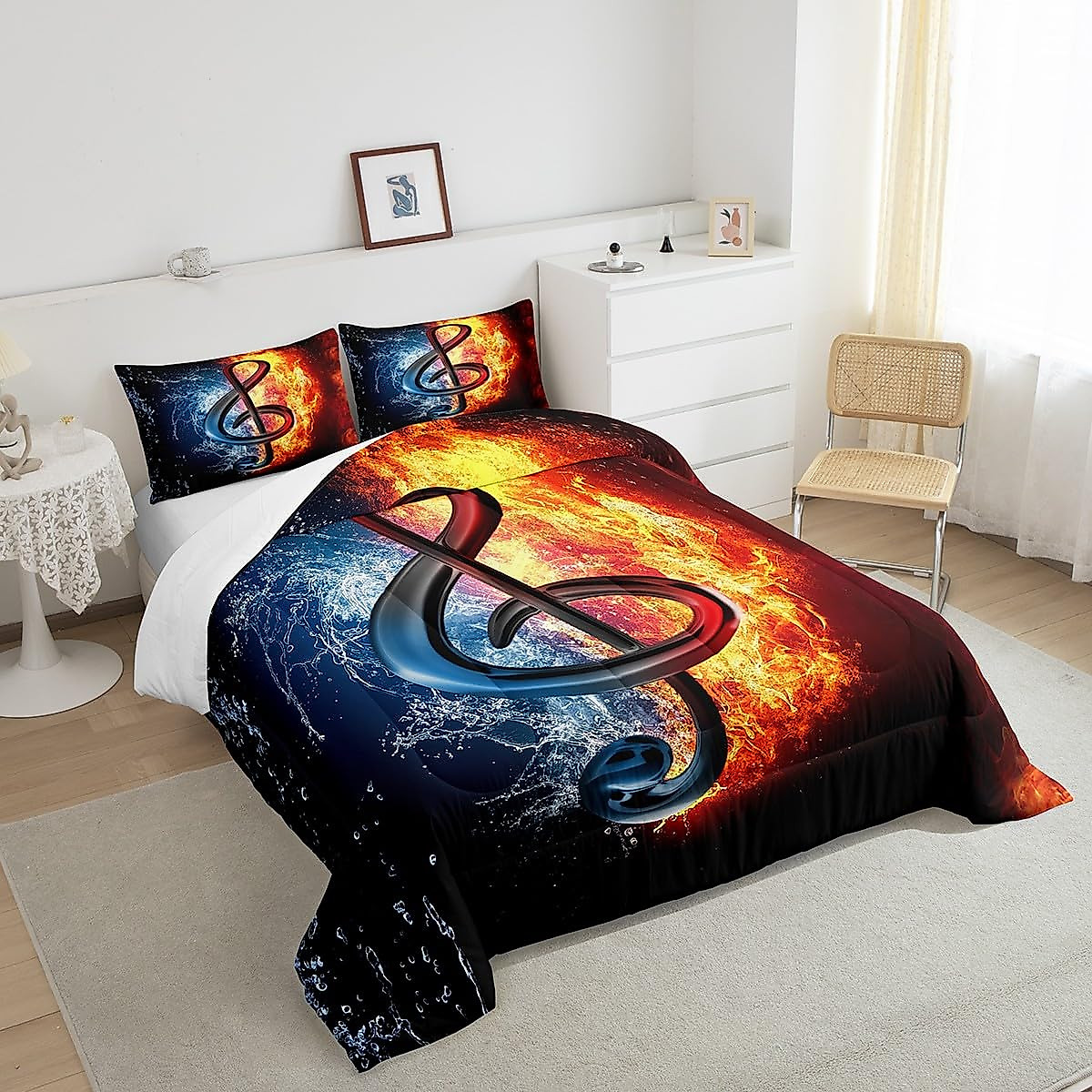 Feelyou Music Themed Comforter Set Water Flame Music Note Print Bedding Set King Size Luxury Musical Comforter for Kids Boys Girls Men Women Decor Hipster Duvet Set Boys