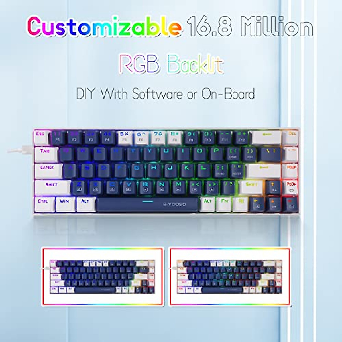 HUO JI 65% RGB Gaming Keyboard, E-YOOSO Z-686 Wired 68 Keys Mechanical Keyboard, Linear Red Switches, Pro Software Supported, Detachable USB-C Cable, Separate Arrow Keys - Blue/White