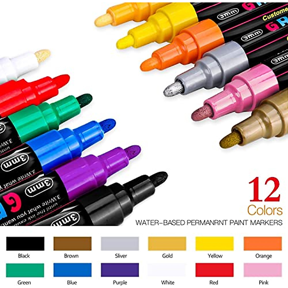 Emooqi Acrylic Paint Pens, Set of 12 Pcs Paint Markers Pens for Rocks, Craft, Ceramic, Glass, Wood, Fabric, Canvas -Art Crafting Supplies