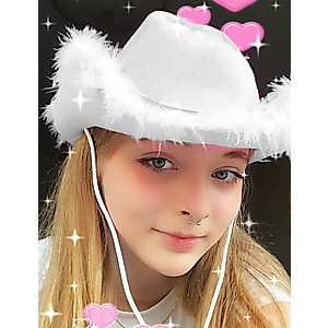 YBHOMINE Cowboy Hat with Heart Sunglasses - Cowgirl Hat with Feather Boa Brim for Women&Men,Bachelorette Party Halloween (White)