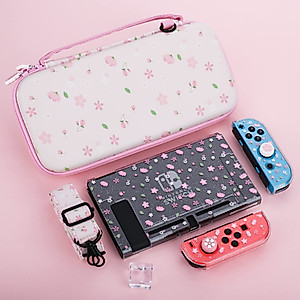 RHOTALL Sakura Pink Carrying Case Set for Nintendo Switch, Cute Cherry Blossom Storage Bag for Switch Accessories with Protective Case, Screen Protector, Adjustable Shoulder Strap and 2 Thumb Cap