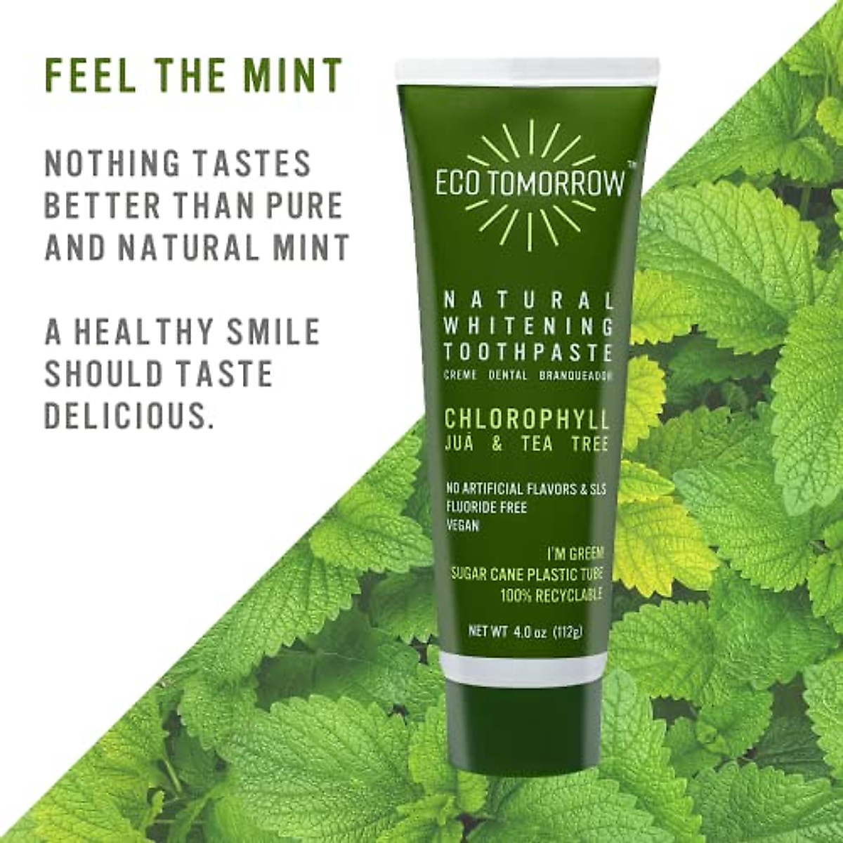 EcoTomorrow Tea Tree Chlorophyll Whitening Toothpaste with Peppermint Essential Oil and Natural Juá - Fluoride Free, Plant Based, Vegan - 4.0oz (Pack of 3)