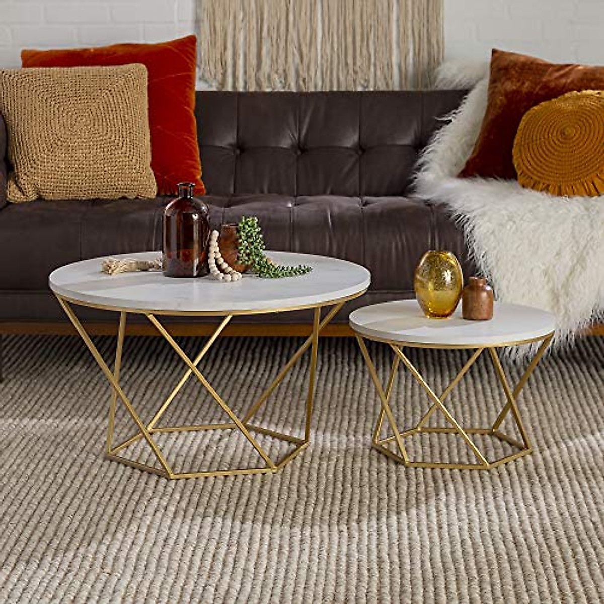 Walker Edison Modern Round Nesting Coffee Table Living Room Accent Ottoman Storage Shelf, Set Of 2, Marble and Gold