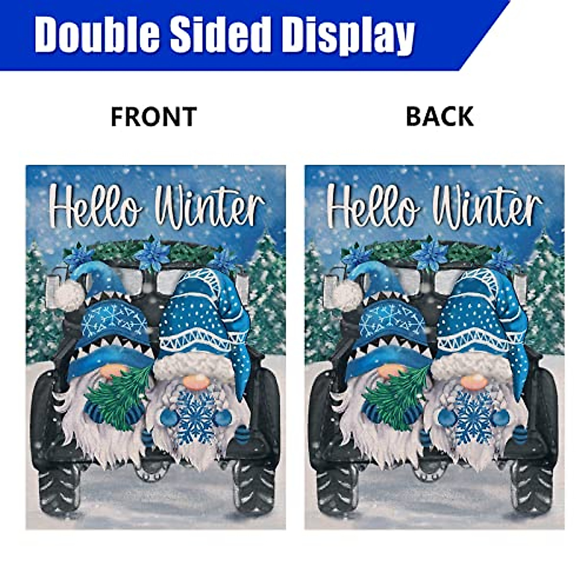 Covido Home Decorative Hello Winter Blue Gnome Garden Flag, Black Truck Yard Outside Decorations, Pickup Outdoor Small Decor Double Sided 12x18