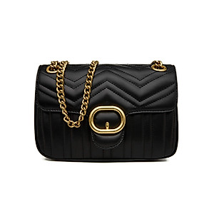 Women Genuine Leather Shoulder Bag Ladies Fashion Clutch Purses Quilted Crossbody Bags With Chain - Black