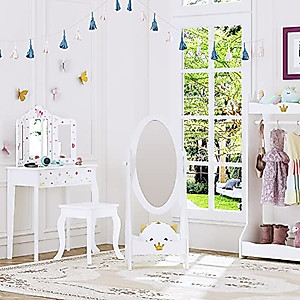 UTEX Kids Full Length Mirror, Kids Free-Standing Dressing Mirror with Adjustable Viewed, Wooden Mirror with Storage for 3-7 Years Old, White