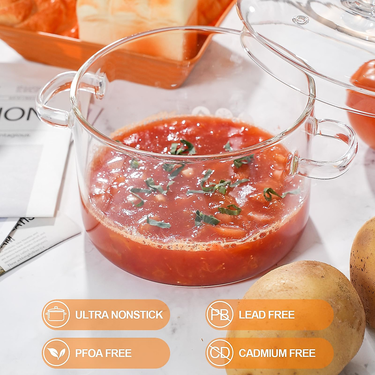 Glass Saucepan With Cover, 2L/70OZ Upgraded Thickened Heat-Resistant Glass Pots For Cooking On Stove, HOIDGUB The Best Handmade Glass Simmer Pot For Glass Safe For Pasta Noodle, Soup, Milk, Baby Food