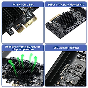 PCIE 4X SATA Card 10 Ports,with 10 SATA Cables and Low Profile Bracket, PCIE to SATA 3.0 6 Gbps Controller, PCIE to SATA Expansion Card,SATA Controller,SATA PCIE Card,ASM1166+JMB575 Chips