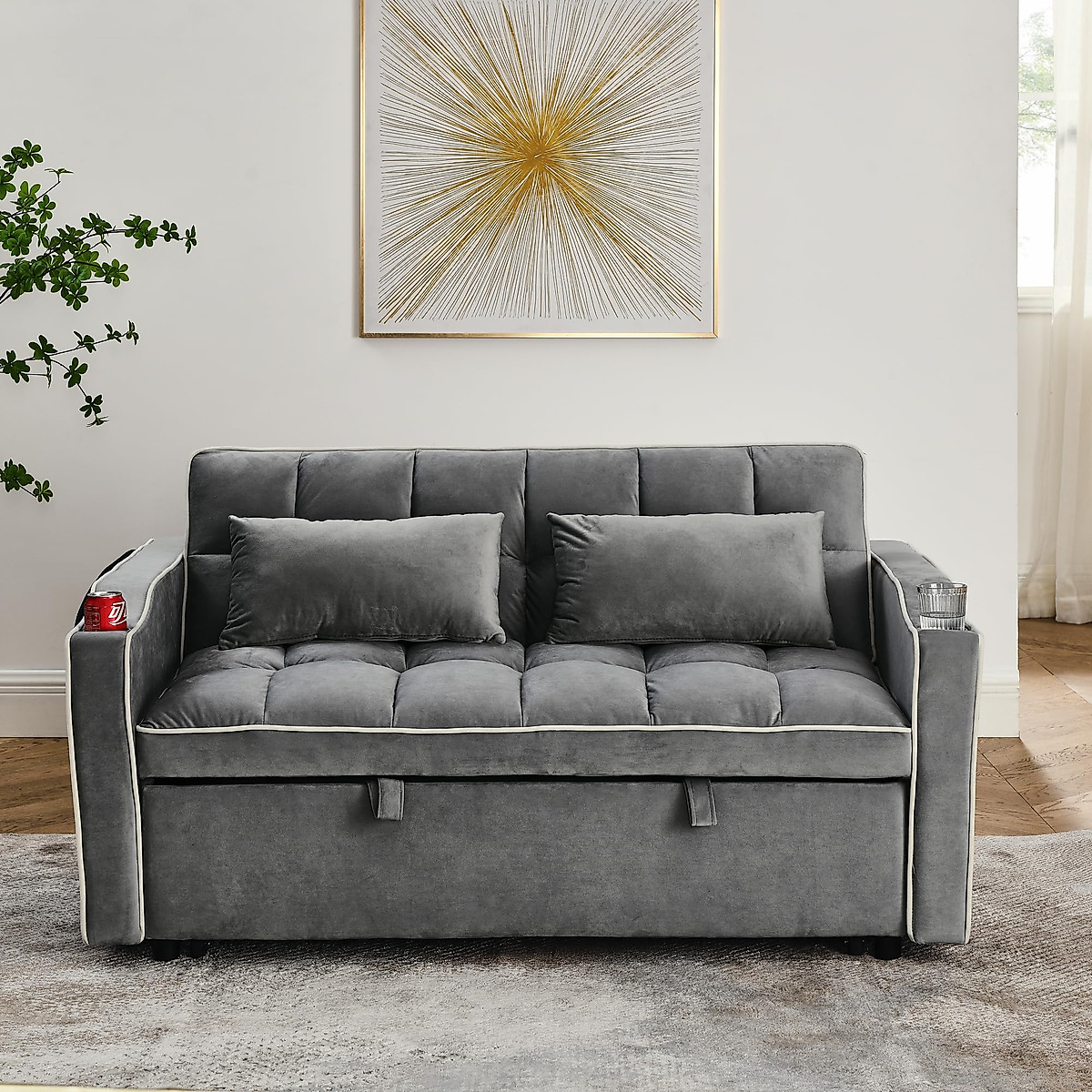 Bellemave Foldable Sofa Bed with Phone Holder, Pull Out Velvet Loveseat Sleeper with 2 USB Charging Ports, Modern Futon Couch with Cup Holders and Adjustable Backrest, for Living Room, Gray