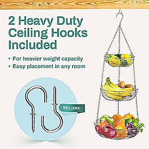Heavy Duty 3-Tier Hanging Fruit and Vegetable Basket with 2 Metal Ceiling Hooks, Chrome