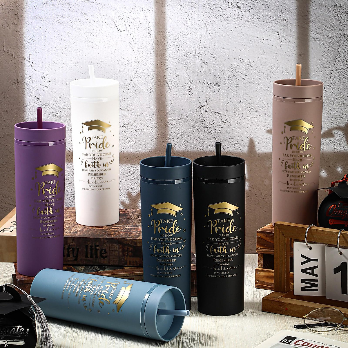 Blushtier 6 Pcs Class of 2025 Graduation Gifts Bulk 16oz Matte Graduation Cups 2025 Inspirational Tumbler with Lid and Straw Plastic Drinking Tumbler for Teen High School Grad Party Favors (Colorful)