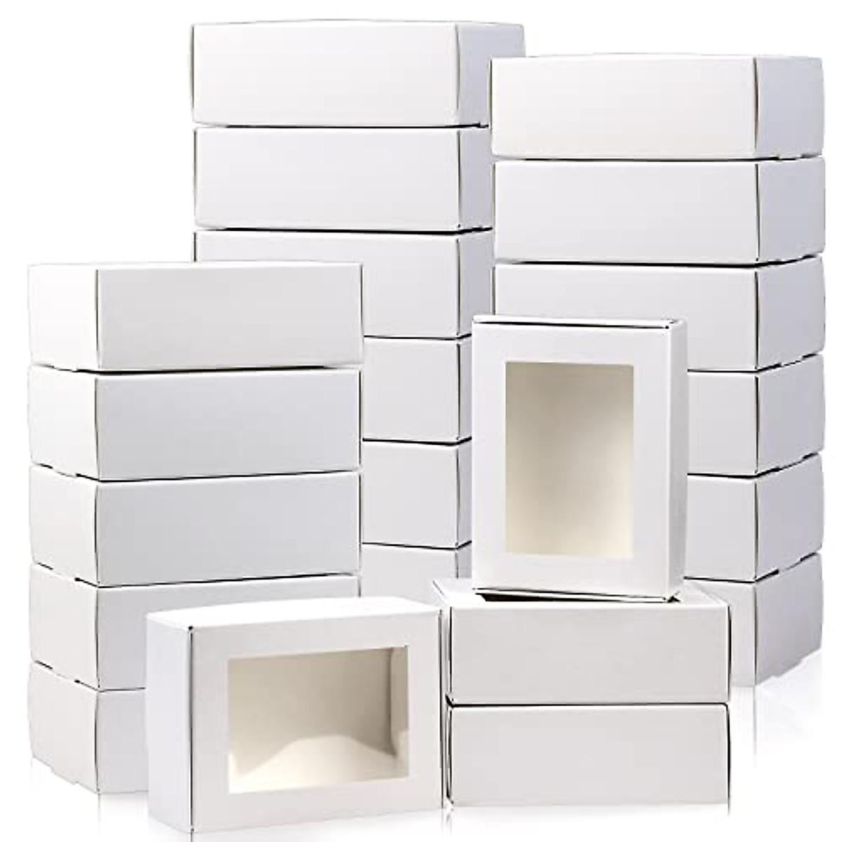 BadenBach 50 Pack Small Rectangle Kraft Paper Boxes with Clear Windows,3.33" x 2.35" x 1.18",Mini Soap Present Treat Gift Box for Bakery Candy,Chocolate Packaging Jewelry Display Wedding Party Favor (White)
