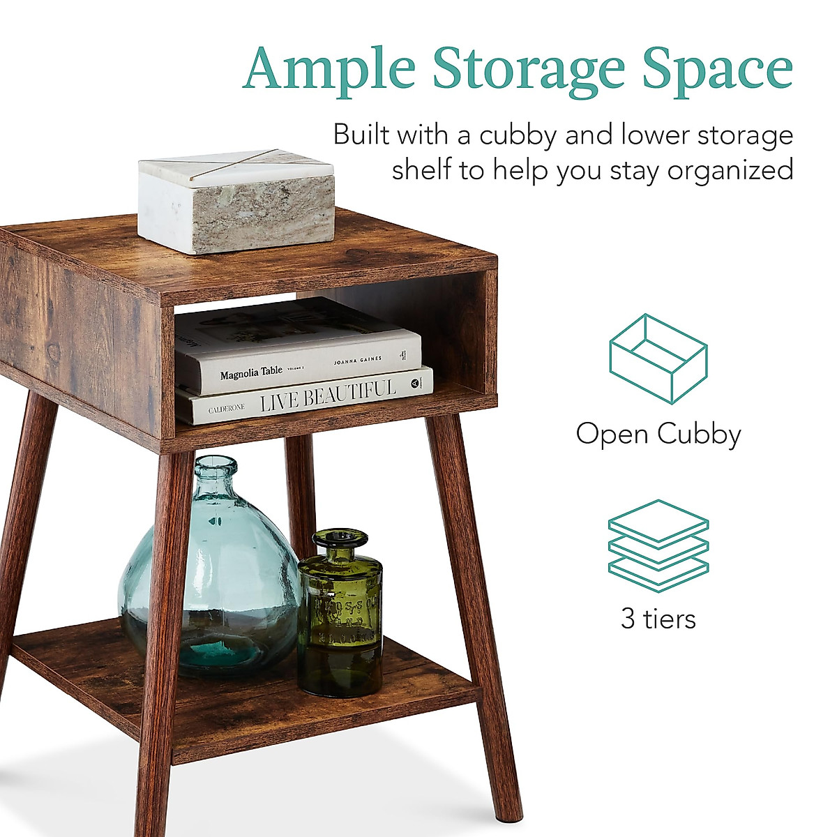 Best Choice Products Mid-Century Modern End Table Set of 2, Side Accent Furniture for Living Room, Den, Sitting Room, Space Saving w/Cubby Storage, Lower Shelf, Pine Wood Legs - Brown