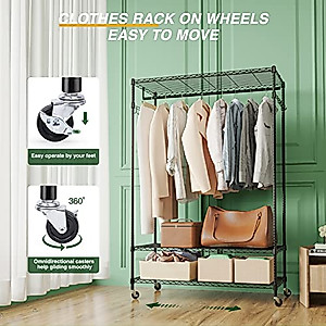 LEHOM G1 3 Tiers Garment Rack with Storage Shelves, Heavy Duty Rolling Free-Standing Clothing Rack Closet Organizer with Double Rods/Lockable Wheels & 2 Pairs Side Hooks, Max Load 450 LBS, Black