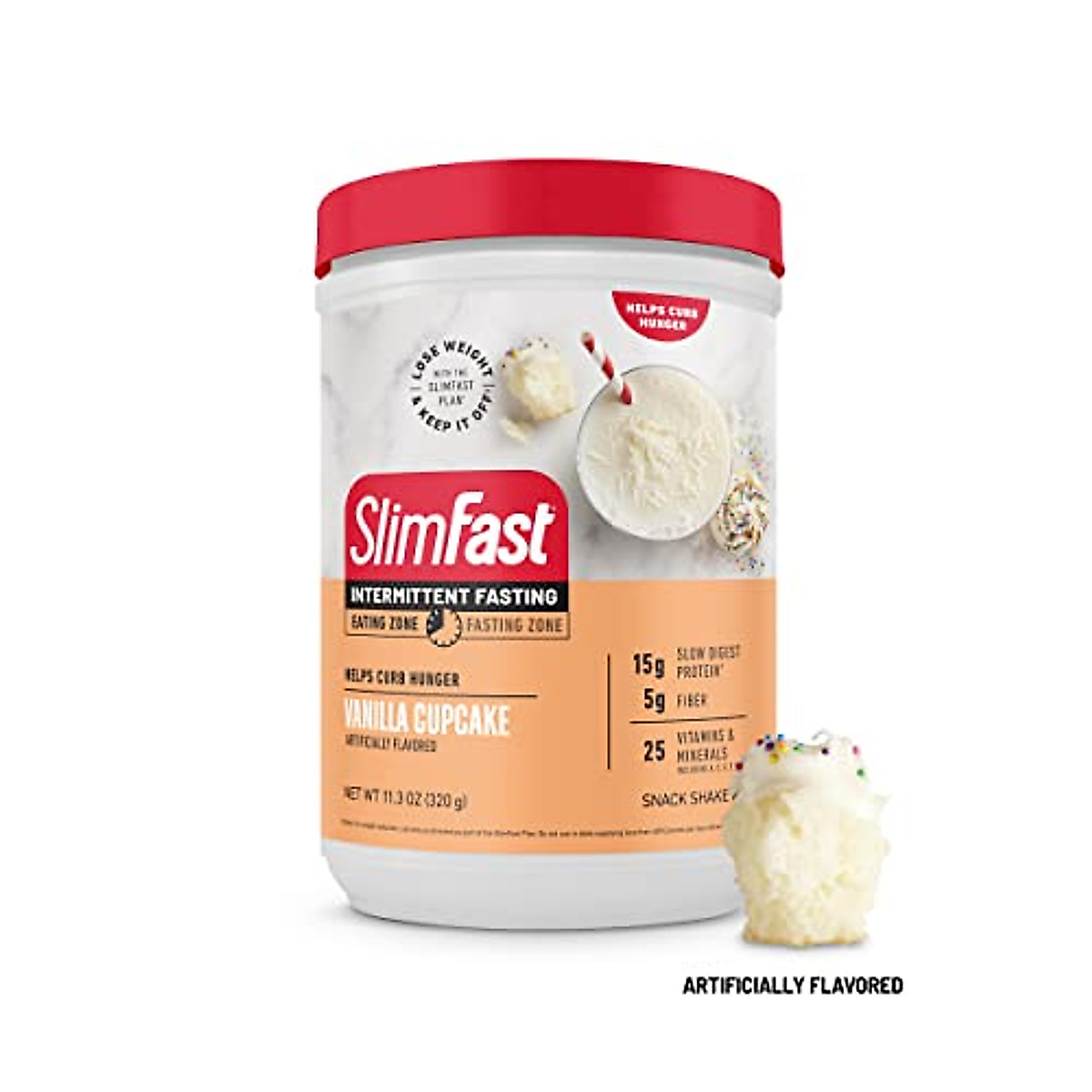 SlimFast Intermittent Fasting, Casein Protein Powder, Biotin with Vitamin & Mineral Bend, with Fiber, No Added Sugar, Snack Shake Mix- Vanilla Cupcake, 10 Servings (Pack of 2)