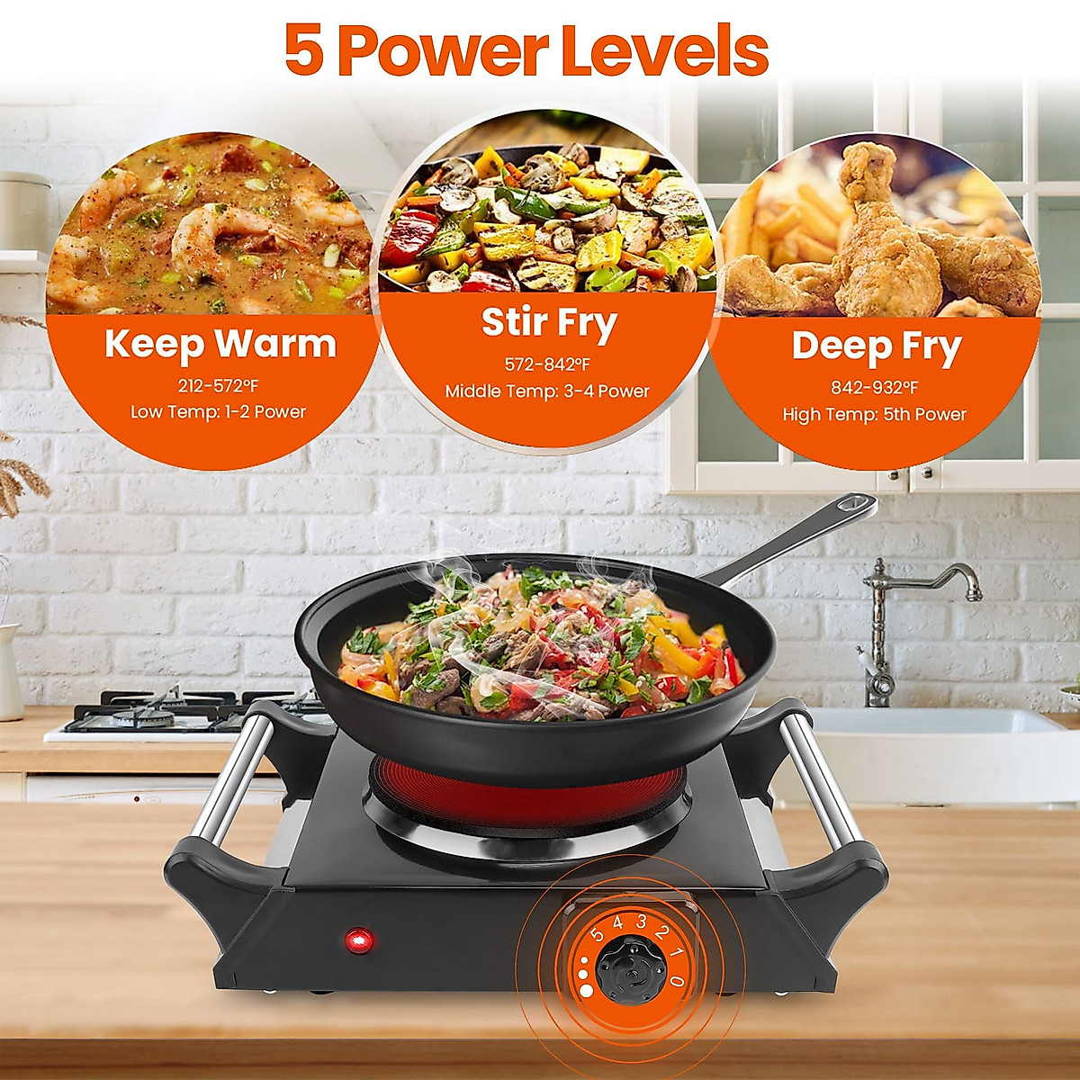 Moclever Hot Plate Portable Electric Stove Countertop Single Burner with 5 Temperature Adjustments & Stay Cool Handles, 1000W Electric Cooktop for RV/Home/Camp, Compatible for All Cookwares