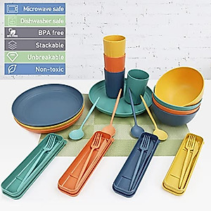 Wheat Straw Dinnerware Sets (28Pcs) POTENTCERA Microwave Dishwasher Safe Unbreakable Dinnerware, Kids Toddler Camping Plates Cups and Bowls Set Picnic Dishes Dorm Dishware Reusable Lightweight