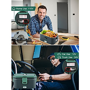 Buddew Electric Lunch Box 80W Food Heater 1.8L Large Capacity Heated Lunch Box 3 in 1 12V/24V/110V Portable Lunch Warmer for Car/Truck/Home/Office with Carry Bag and Fork and Spoon (Gray+Green)