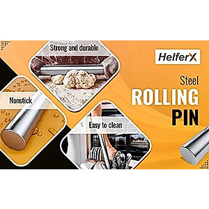 HelferX 15 inch Long Stainless Steel Rolling Pin for Baking - Perfect for Fondant, Dumpling, Ravioli, and Pizza Dough