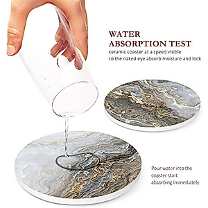 Coaster for Drinks Set of 6, Grey Marble Golden Stone Agate Absorbent Round Ceramic Stone Mat, with Cork Base and Metal Holder, Gift for Housewarming Room Bar Decor