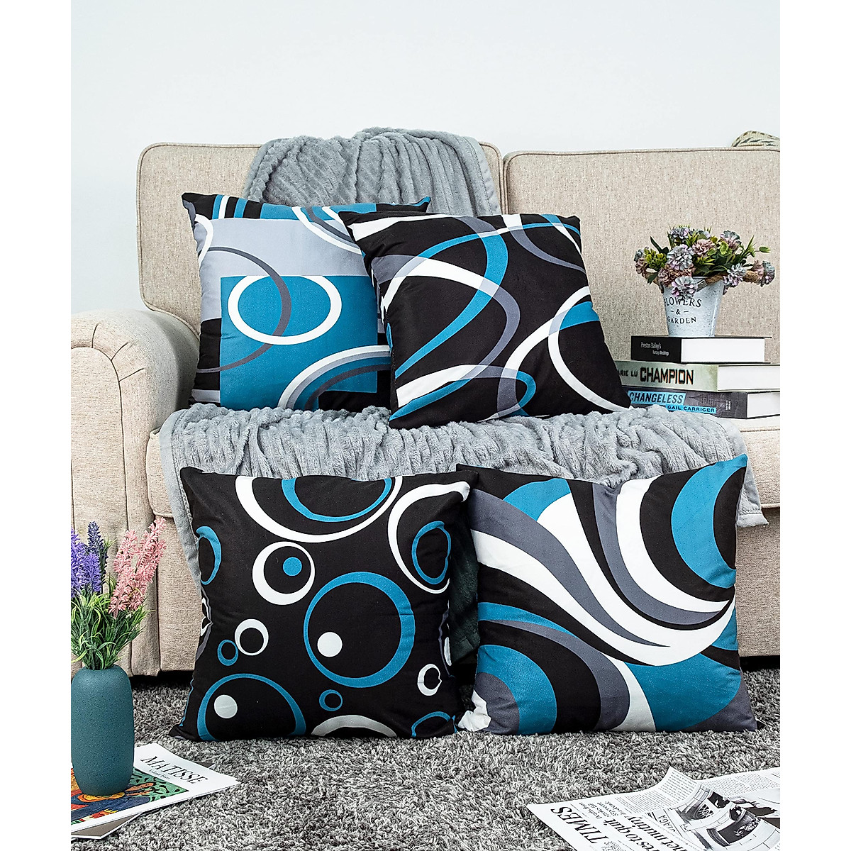 D DIFARIC Blue and Black Throw Pillow Covers 18x18 Inches Set of 4 Decor Decorative Throw Pillow Cover Abstract Modern Geometric Teal Square Cushion Cases for Sofa Bed Couch