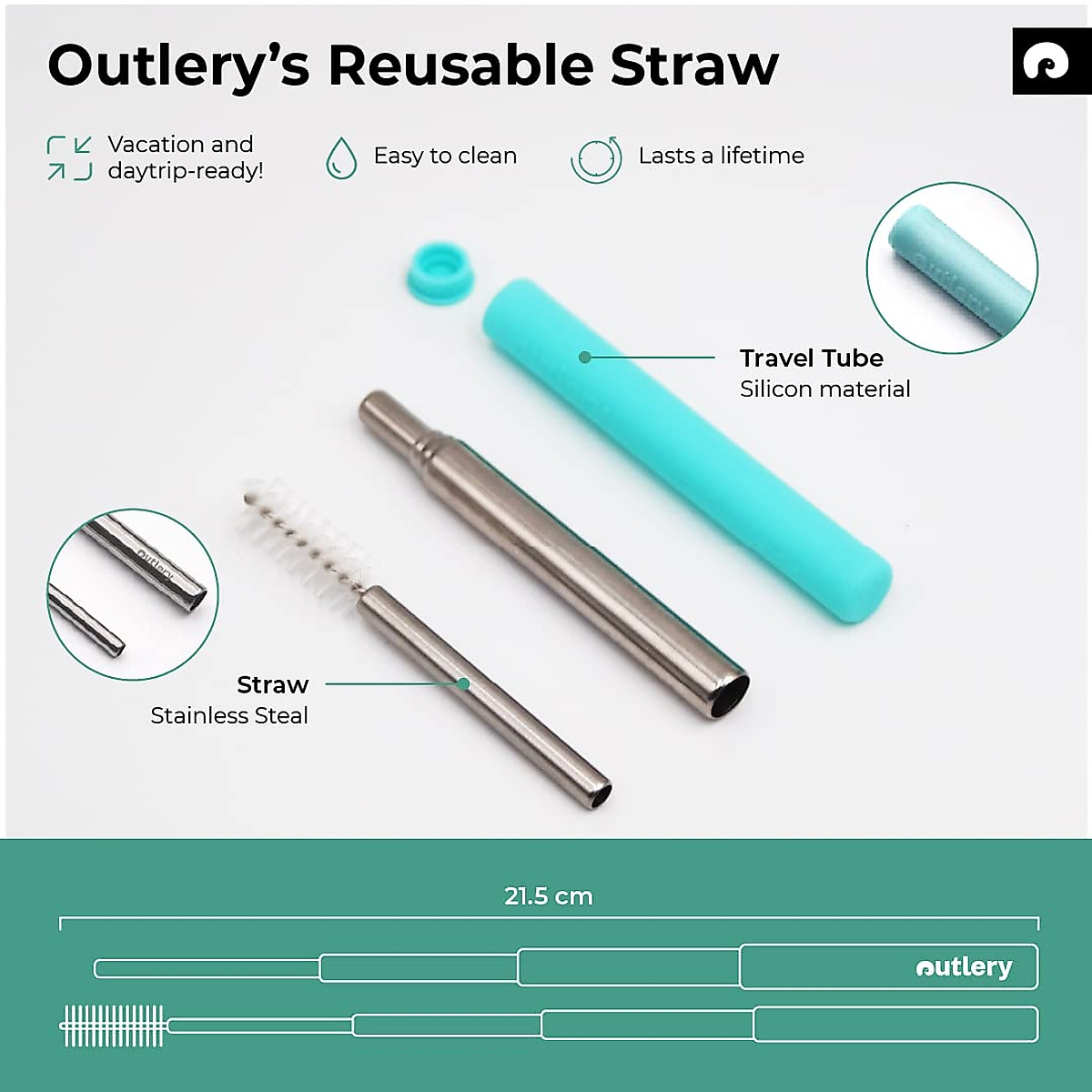 Outlery | Collapsible, Reusable Straw for Travel and Day Trips - an Environmentally Friendly, Stainless Steel Metal Straw with a Telescopic Portable Design