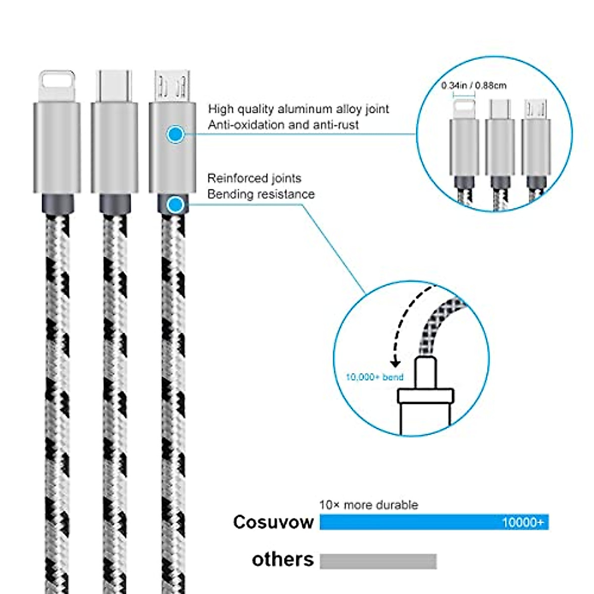 3Pack 1ft Multi Charging Cable Short Multi Charger Cable 3A Fast Charge USB Multi Cable 3 in 1 Universal Charging Cord Nylon Braided 3-1 Multiple Connectors for Cell Phones and More(Silver)
