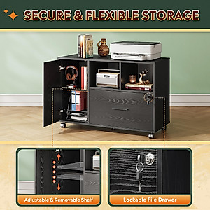 DEVAISE Office File Cabinet with Lock, 1-Drawer Wood Lateral Filing Cabinet on Wheels, Printer Stand with Open Storage Shelves for Home Office, Black
