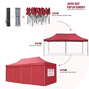 10x20 ft Instant Pop up Canopy, Wonlink Party Tent Folding Heavy Duty Gazebos with Removable Sidewalls and Wheeled Bag Waterproof Red