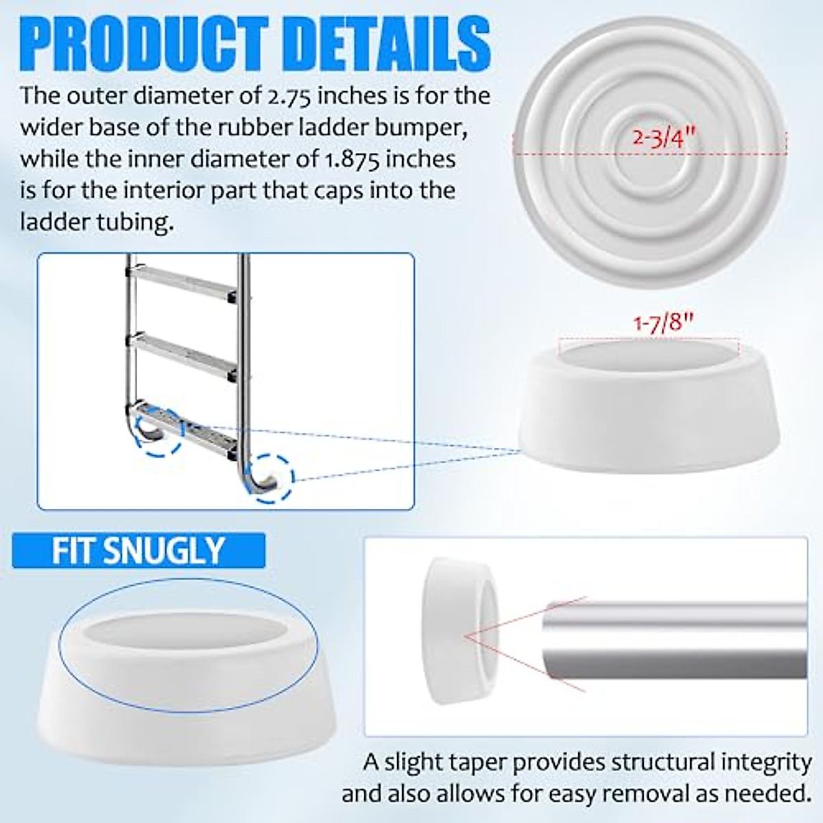 TonGass (4-Pack, White) Outside Pool Ladder Bumpers for Inground Pool - Pool Ladder Rubber End Caps Fit 1.9" Standard Swimming Pool Ladder Tubing Bumper Caps for Inground Pool Ladder Step End Caps