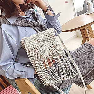 Nice Pies Women's Beach Straw Handbag Woven Tote Fishing Net Beach Bag Large Capacity Mesh Rope Combination Handbag (White)