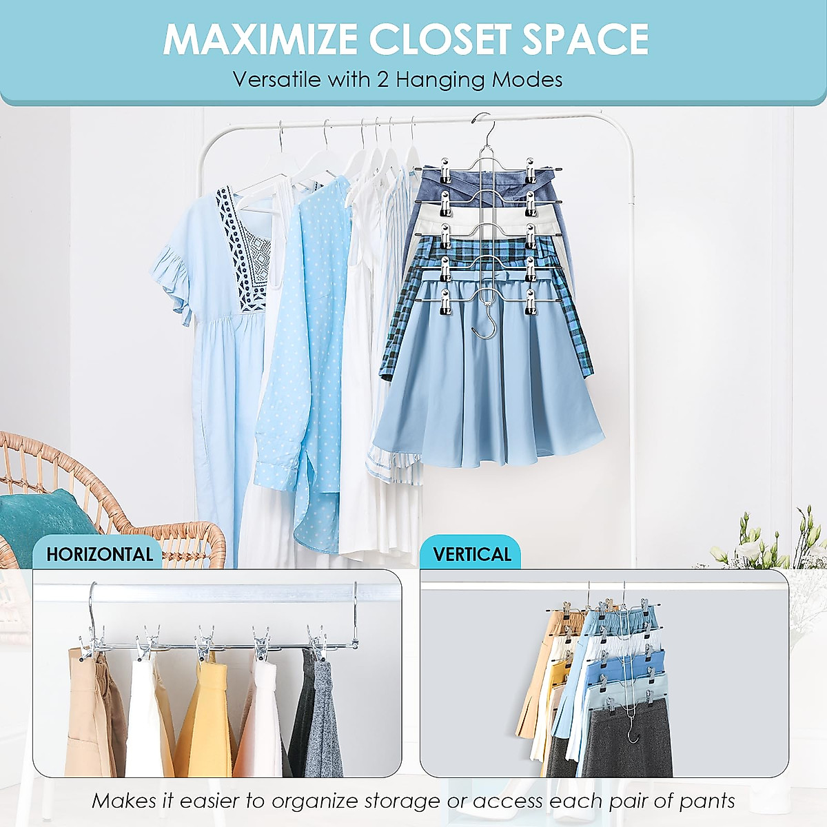 Skirt Hangers with Clips, Jadkysarh 5 Tier Pants Skirt Hangers Space Saving Multi Shorts Hangers with Adjustable Clips Closet Organizer and Storage for Jeans, Leggings - 2 Pack