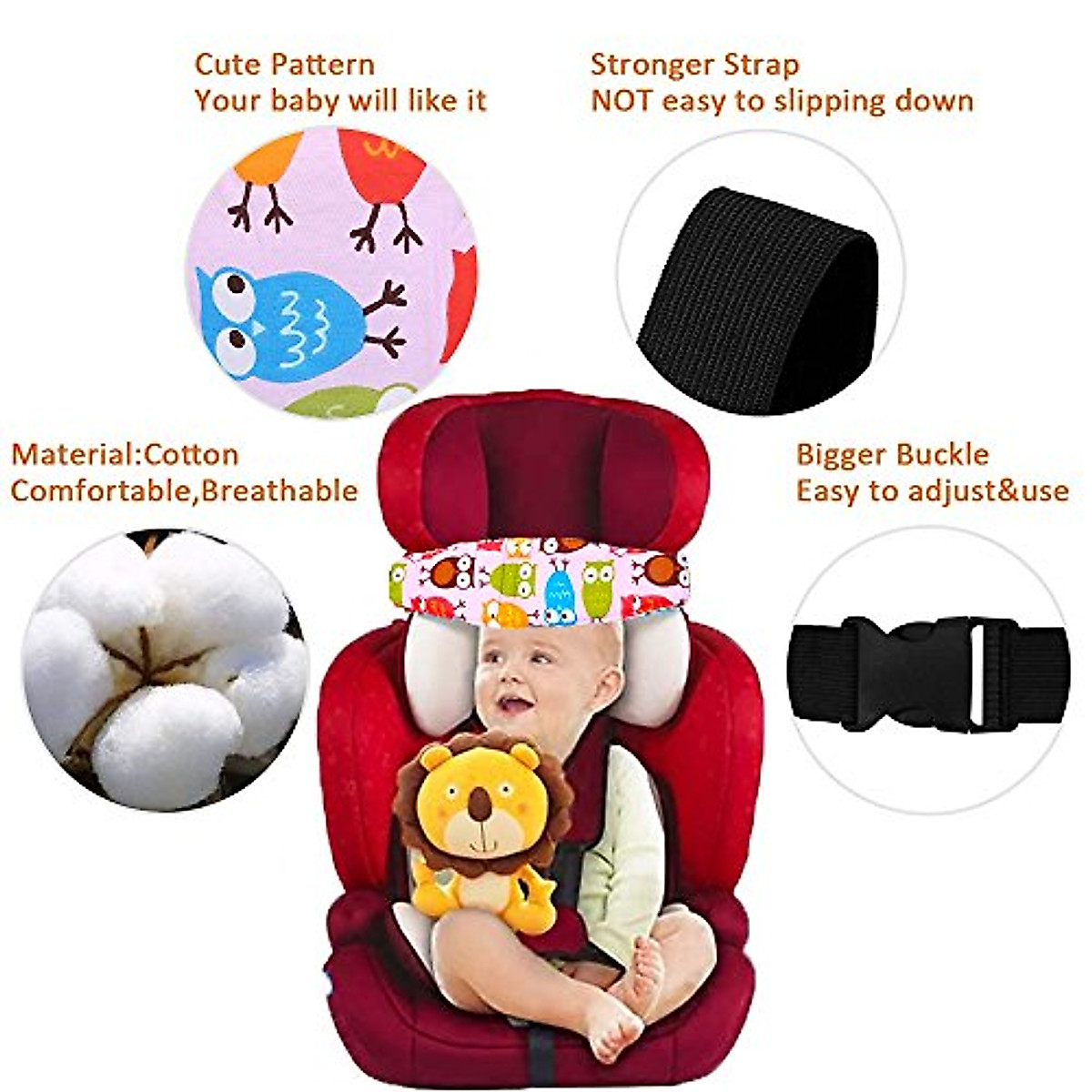 Toddler Adjustable Neck Support Pillow & Safety Head Support Band for Car Seat, Baby Child Infant Head Neck Protection, Pink Owl